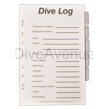 Dive log pages for diving logbook